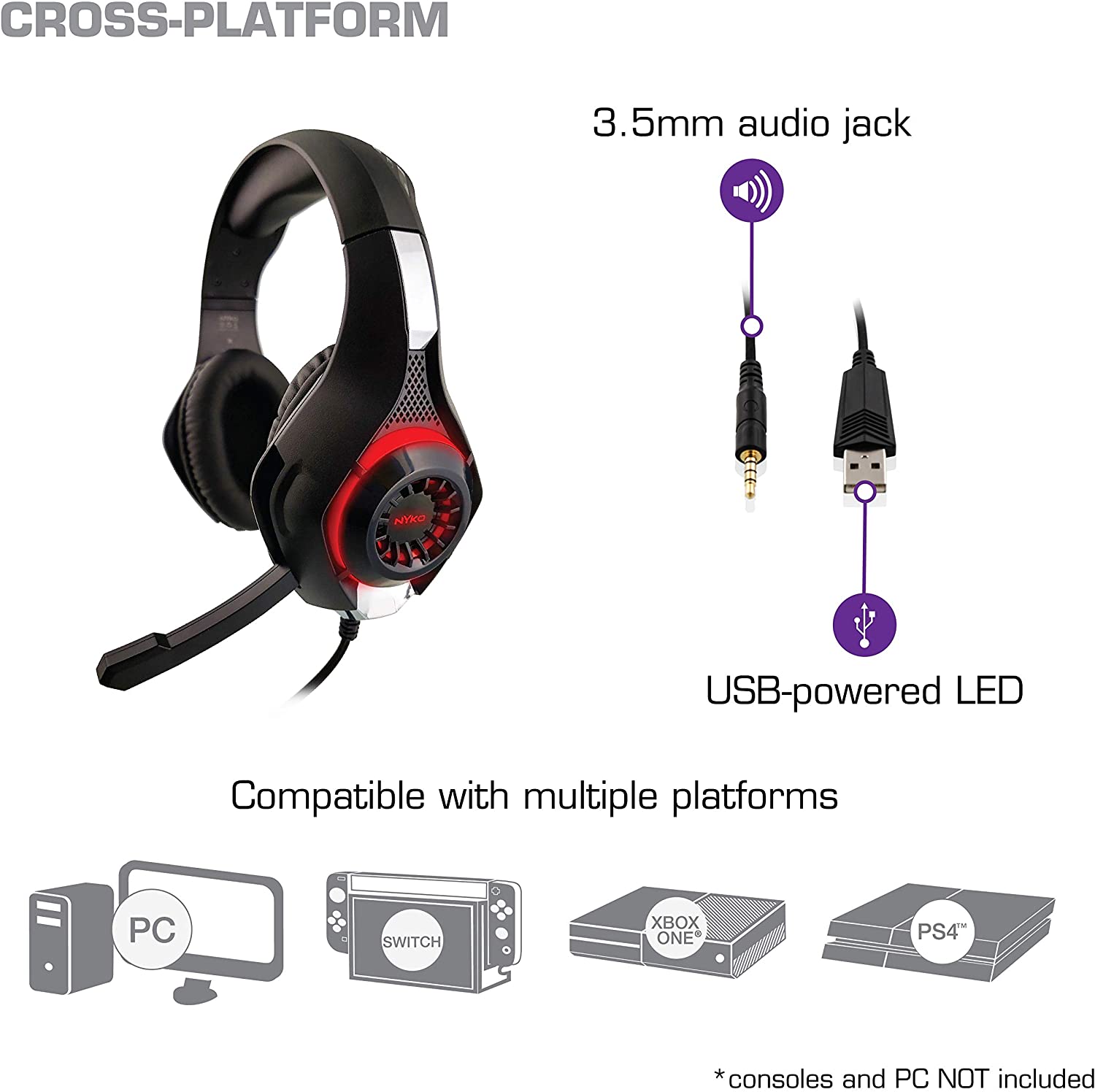 Nyko Core Headset Universal - Diadema Gamer para PS4, Xbox One, Switch, PC